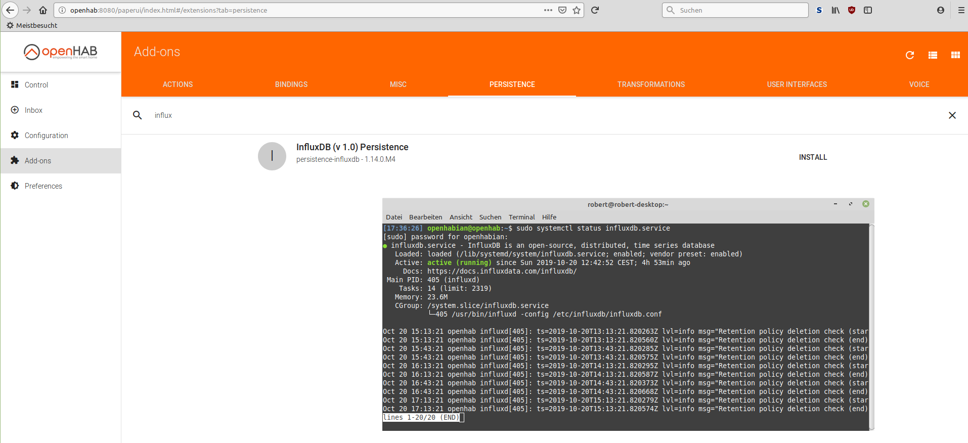 After successful installation of influxDB via OpenHABian Config Tool, PAPERUI still shows it as ...