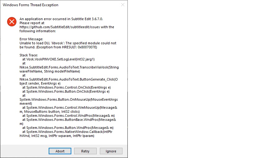 Error Message · Issue 6344 · Subtitleeditsubtitleedit · Github 