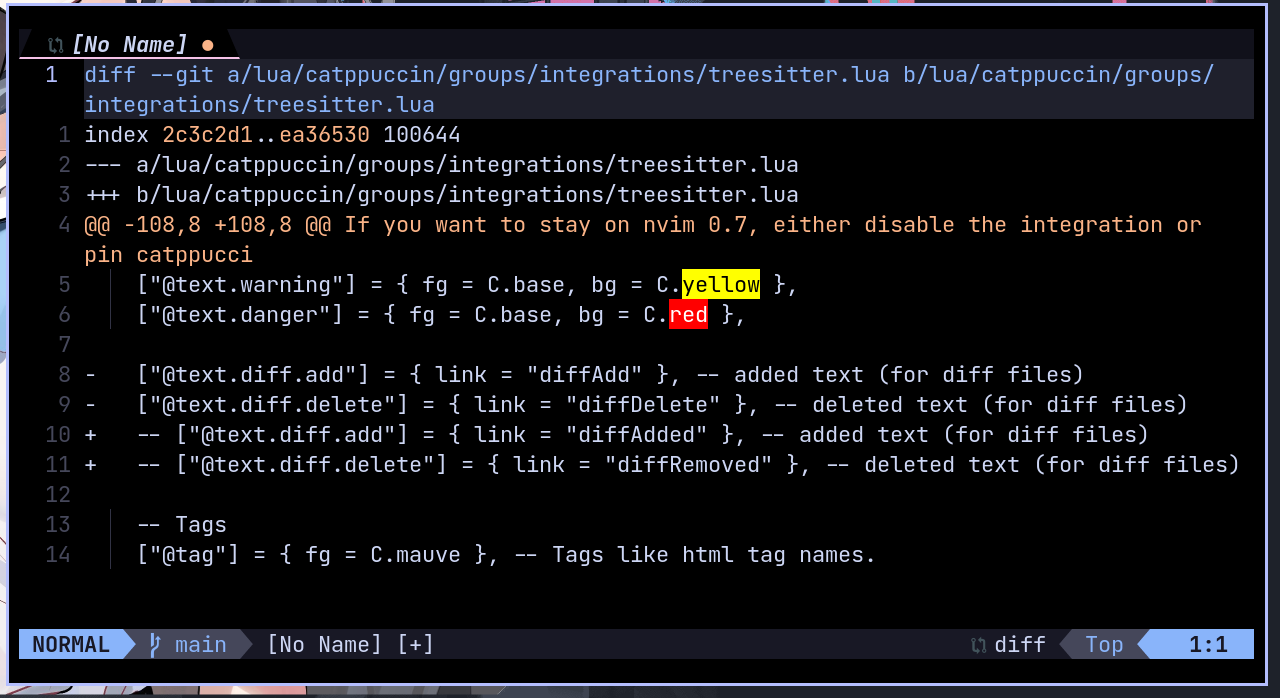 Highlights for diffs with tree-sitter · Issue #351 · catppuccin/nvim · GitHub