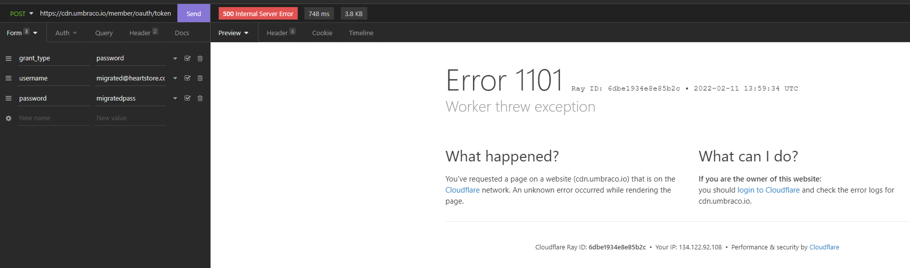 Trying to get a member bearer token returns a 1101 Cloudflare error. · Issue #38 · umbraco ...