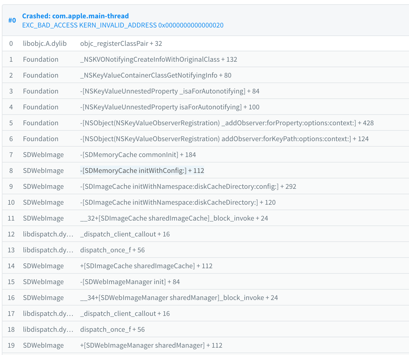 Crashed at -[SDMemoryCache commonInit] on iOS 10.x · Issue #2908 · SDWebImage/SDWebImage · GitHub