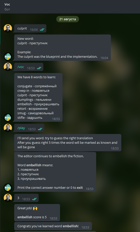GitHub - justkasper/voc-a-bot: Telegram vocabulary builder bot