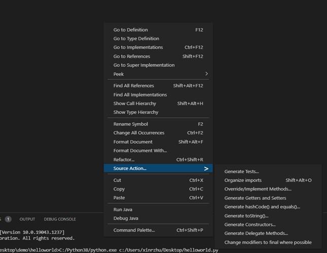 Hover on the "Source Action" menu item can also reveal the sub-menu ...