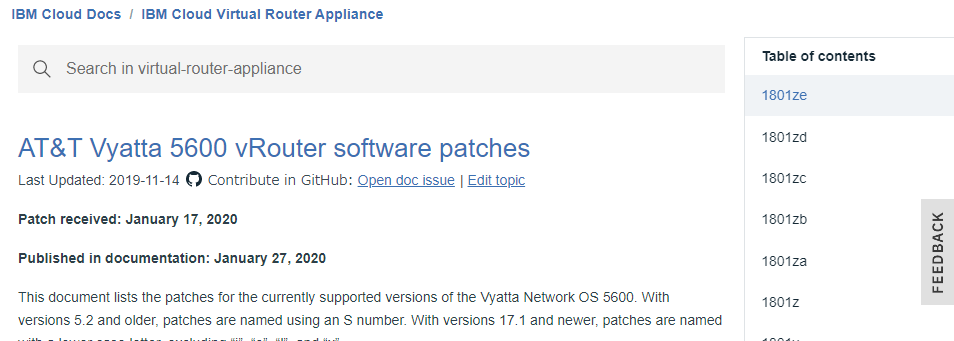 Please keep only current supported version in TOC of AT&T Vyatta 5600 vRouter software patches ...