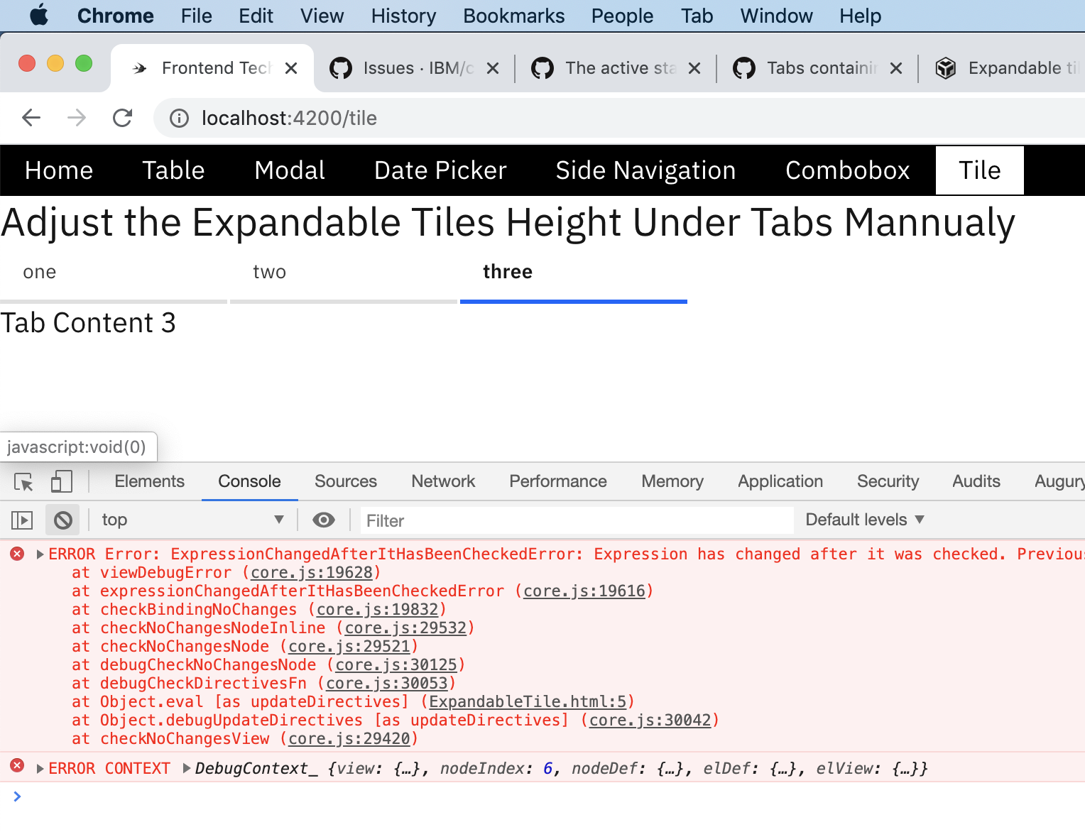 Tabs containing expandable tiles cause expression changed errors when ...