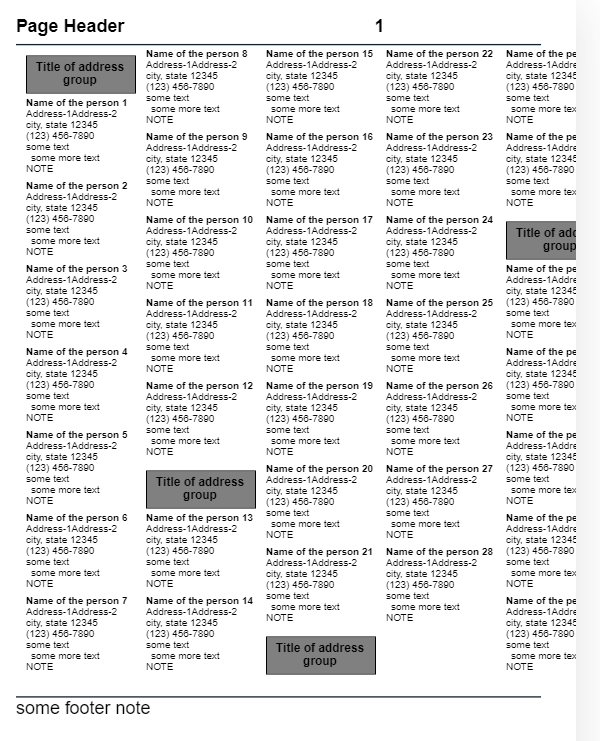Need example for writing list of address ( should wrap in column and go to new page ...
