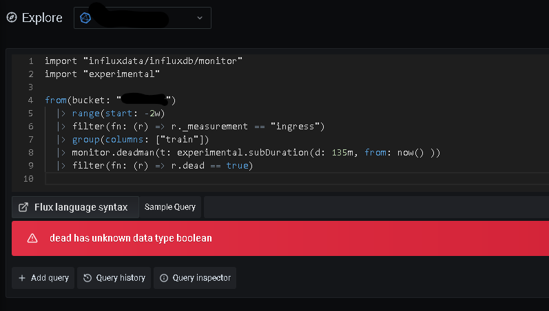Flux query returning "dead has unknown data type boolean" error · Issue ...