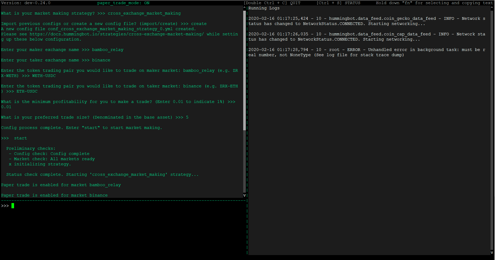 [BUG] Paper Trade | Cross-Exchange MM - Unable to initiate · Issue #1425 · hummingbot/hummingbot ...