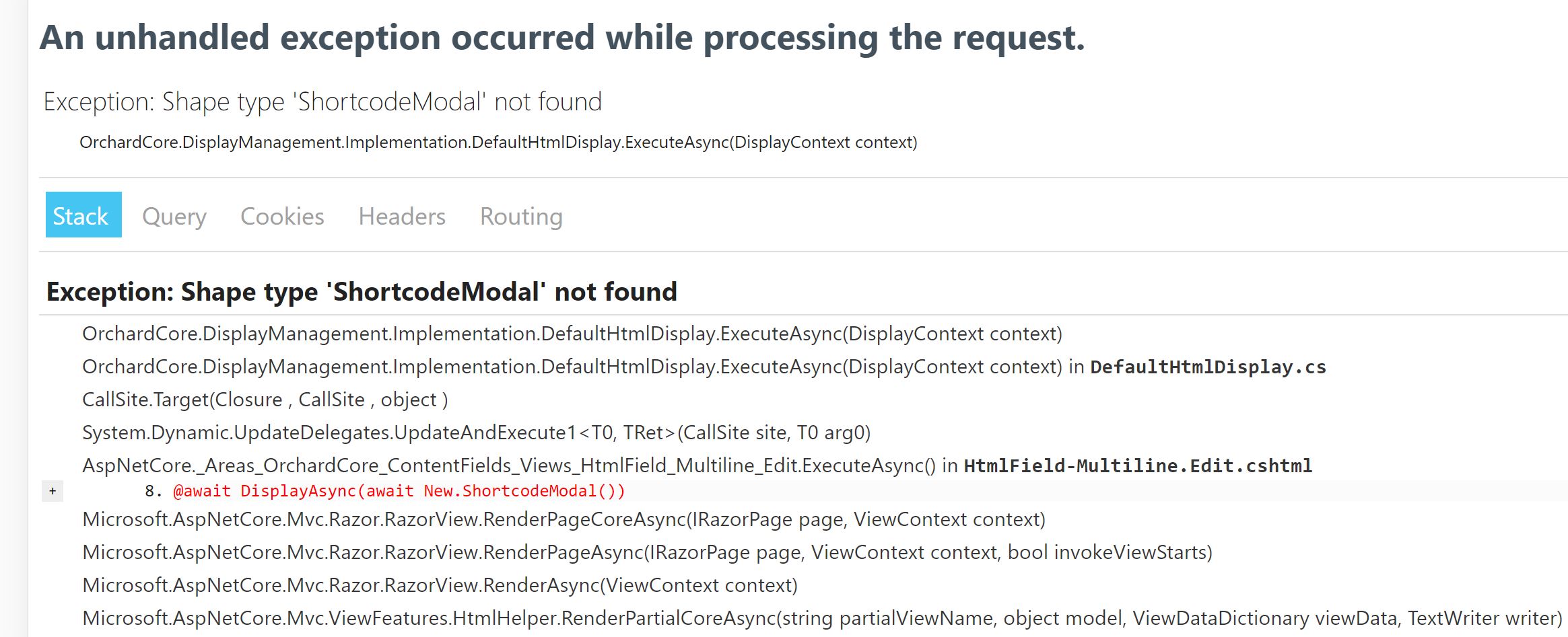 Exception: Shape type 'ShortcodeModal' not found in edit page · Issue #6968 · OrchardCMS ...