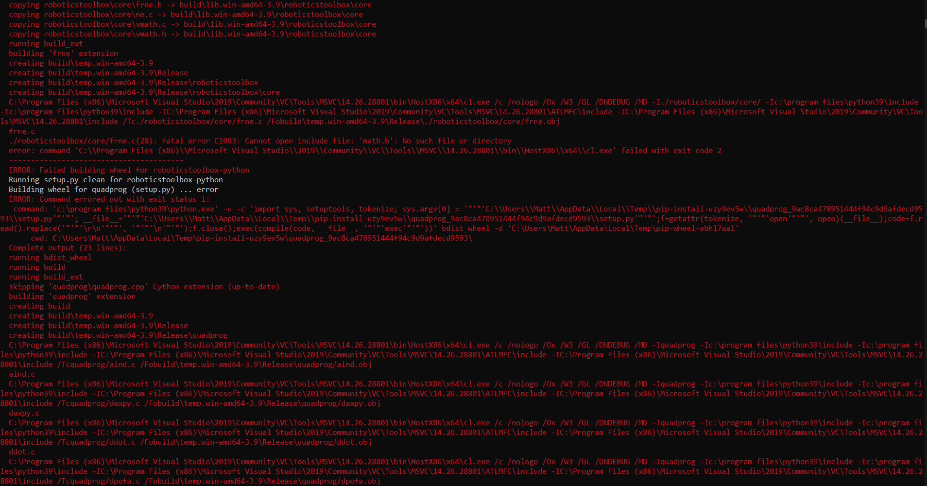 Building wheel for roboticstoolbox-python (setup.py) ... error · Issue ...