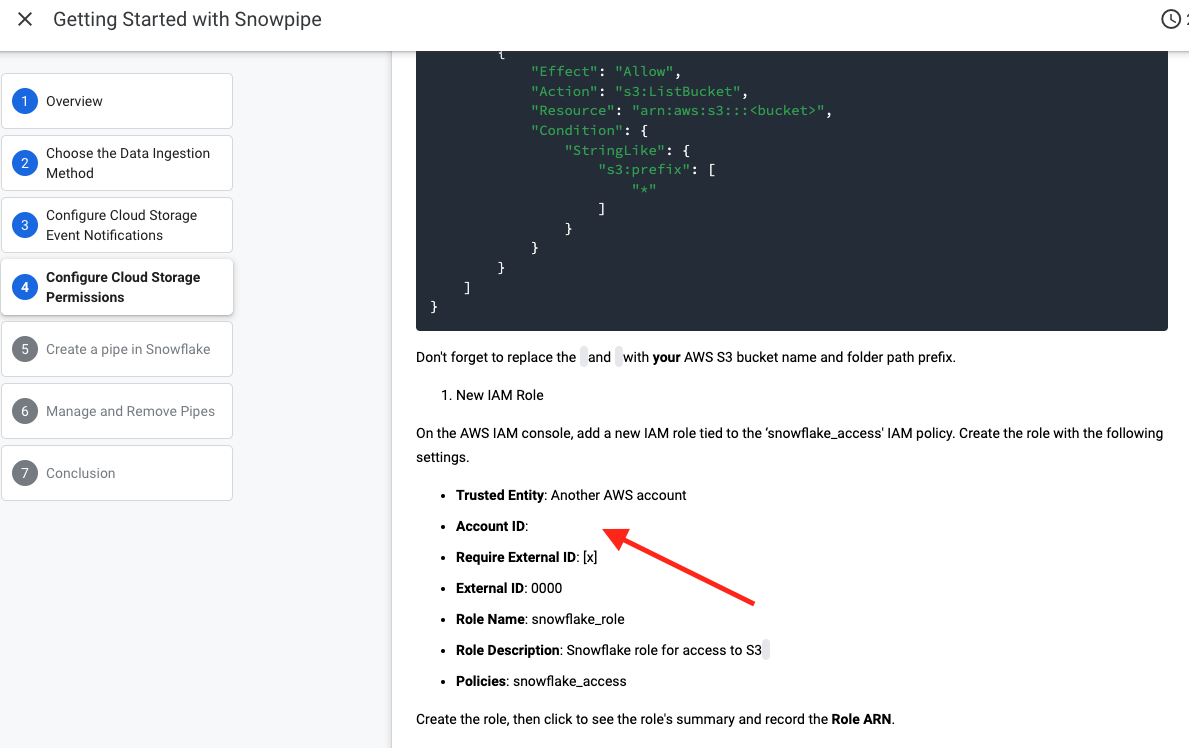 Iam Role Creation Problem In Getting Started With Snowpipe Step 4