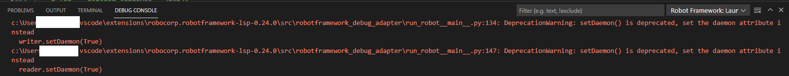 `setDaemon() is deprecated` warning when debugging · Issue #477 · robocorp/robotframework-lsp ...