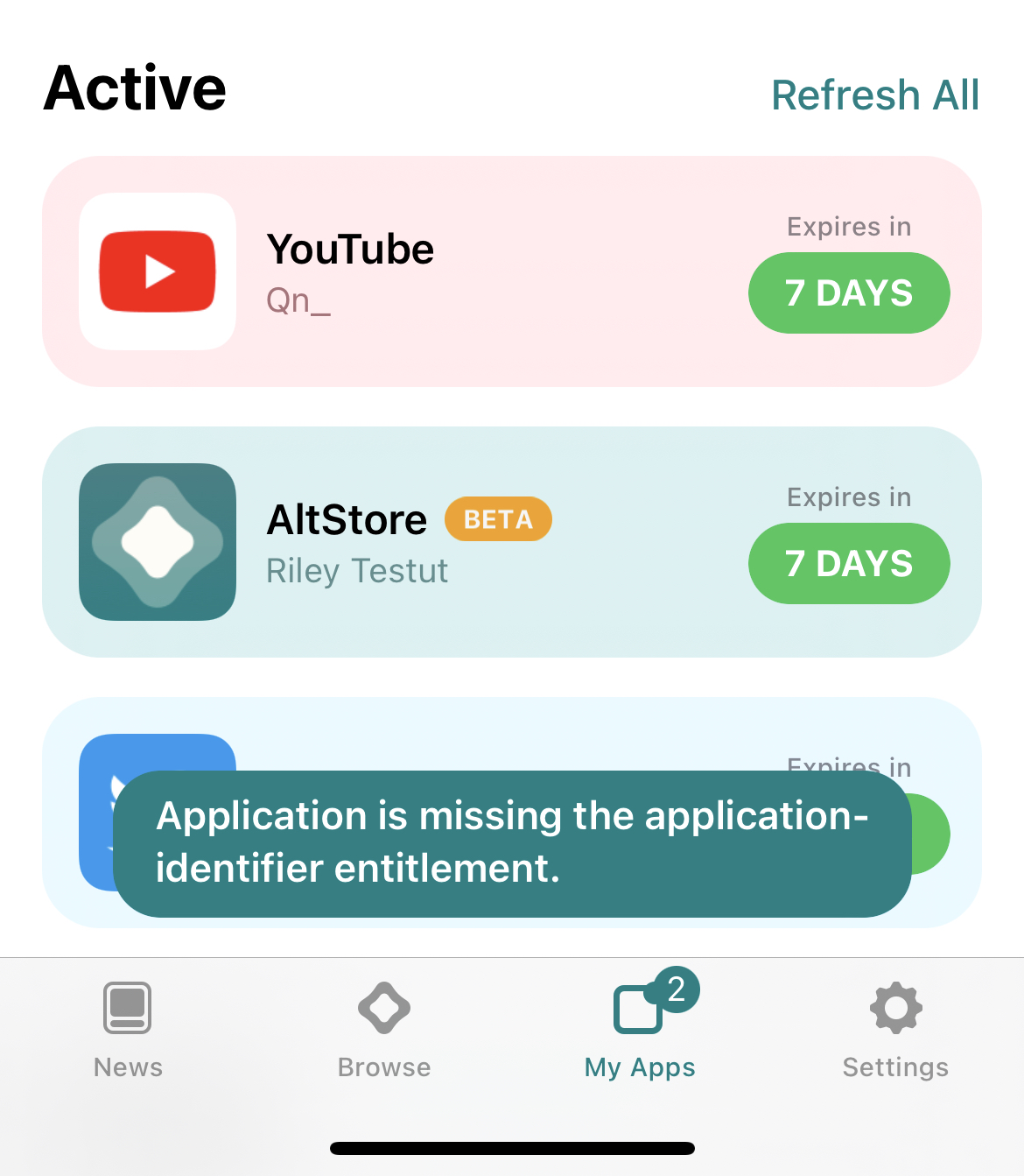 “Application is missing the application- identifier entitlement” error when deactivating apps ...