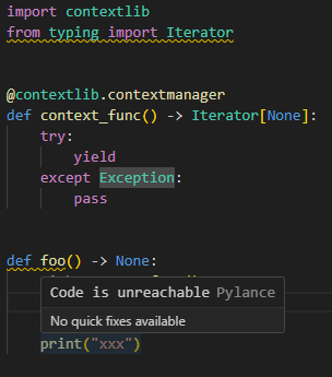 False positive unreachable statement after exception raised within context block · Issue #6034 ...