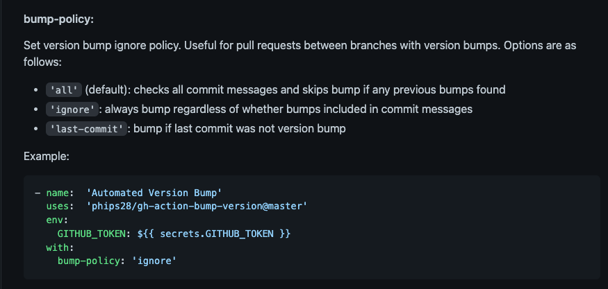Warning: Unexpected input(s) 'bump-policy' · Issue #155 · phips28/gh-action-bump-version · GitHub