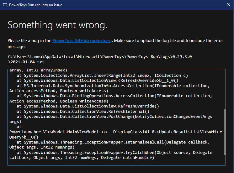 [Run] Crash: Destination array was not long enough · Issue #8921 · microsoft/PowerToys · GitHub