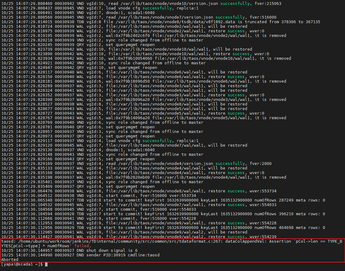 Taosd Core了之后再也起不来了,报错datacolappendval Assertion `pcol Len Type
