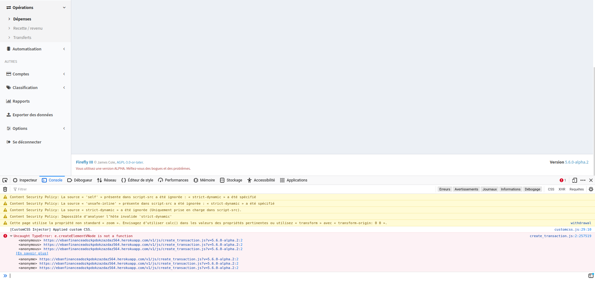 E Createelementvnode Is Not A Function On The Whithdrawal Screen