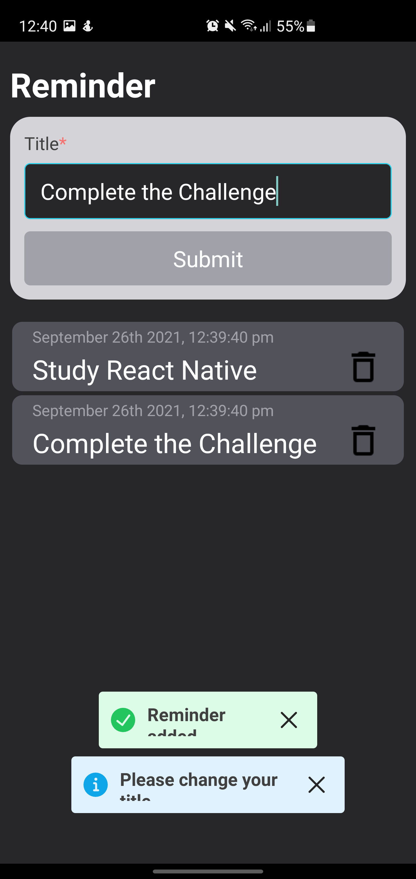 GitHub - chuwong35122/ReactNative-Reminder-App: A 24hour pure React Native challenge.