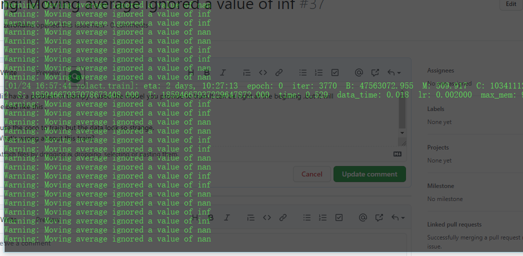 Warning: Moving average ignored a value of inf · Issue #37 · WisconsinAIVision/yolact_edge · GitHub