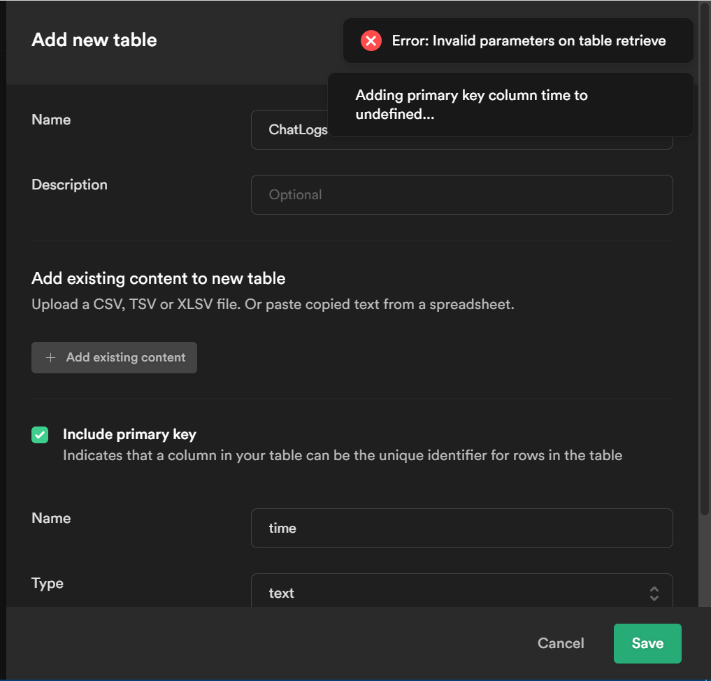 Error 500 when creating a table or editing a column · Issue #2753 · supabase/supabase · GitHub