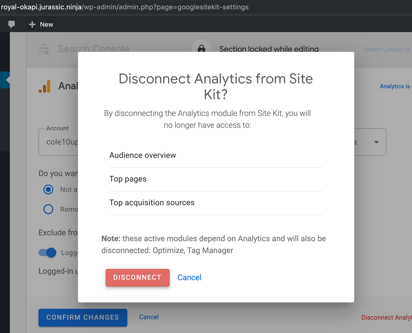 Disconnect modal displays underneath section locked dialog on settings ...
