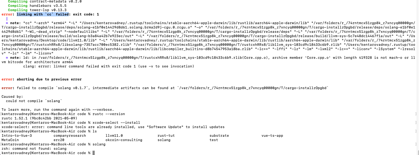 Mac M1 linking with `cc` failed · Issue #421 · hyperledger-solang/solang · GitHub