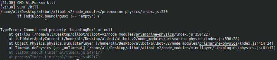 Bot crashes after /kill · Issue #1155 · PrismarineJS/mineflayer · GitHub