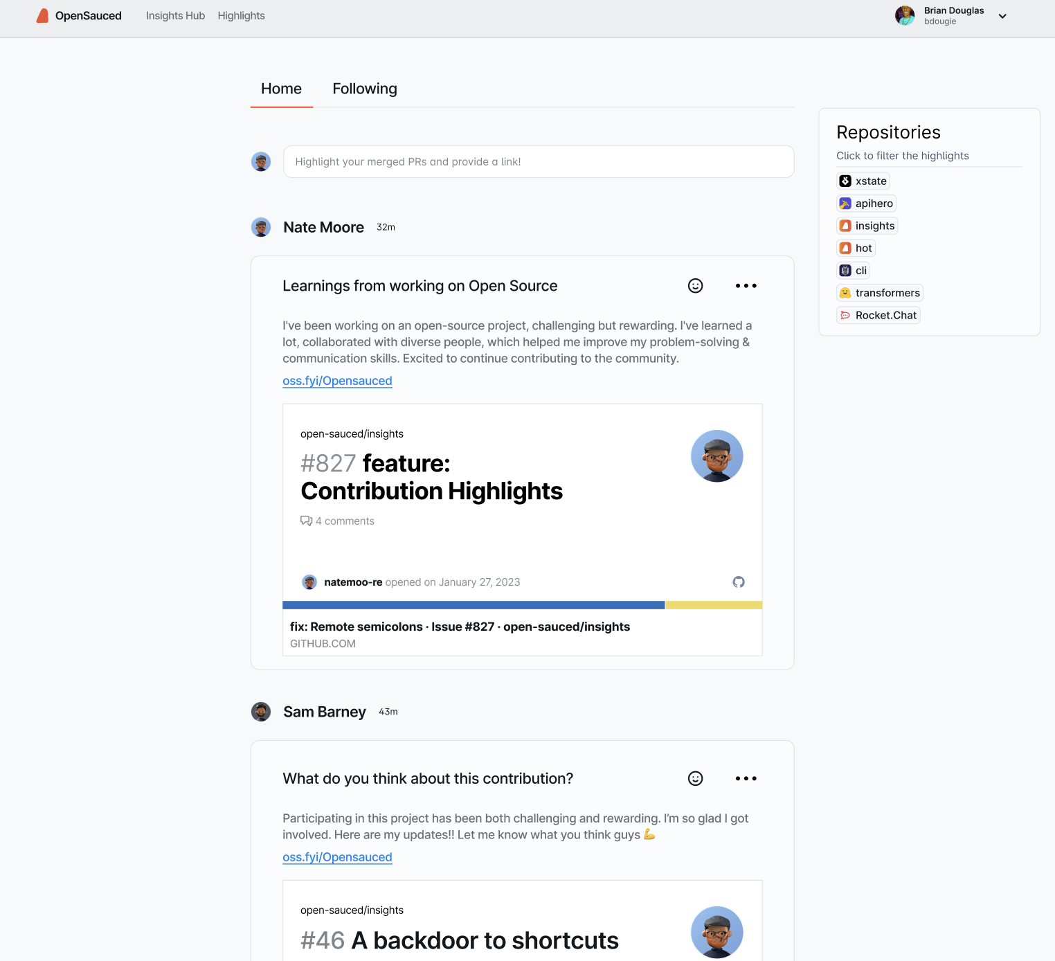Feature: Highlights feed page · Issue #829 · open-sauced/app · GitHub