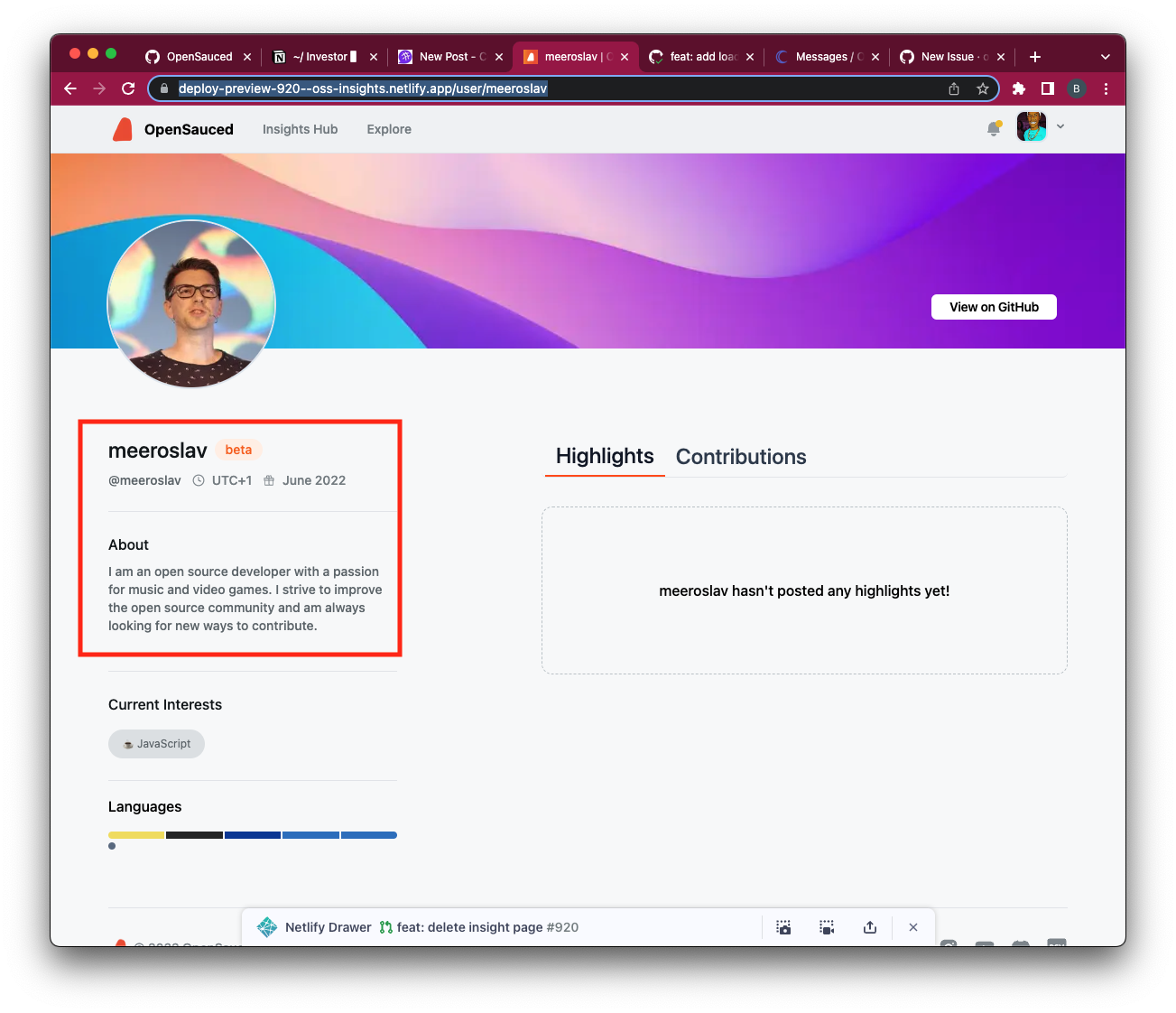 Bug: Default profile bio should not show. · Issue #922 · open-sauced/app · GitHub