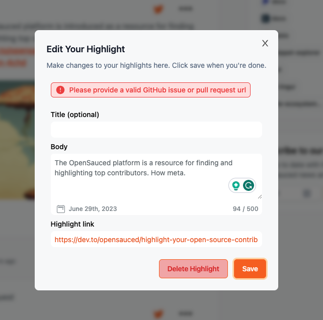 Feature Cannot Edit A Blog Post Highlight · Issue 1614 · Open Sauced App · Github
