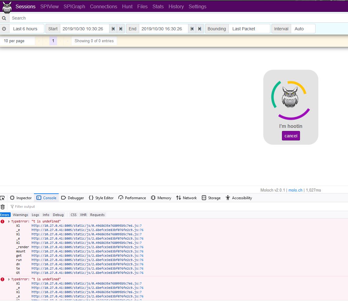 Moloch v2.0.1 sessions tab loading error (stuck at 'hootin') · Issue ...