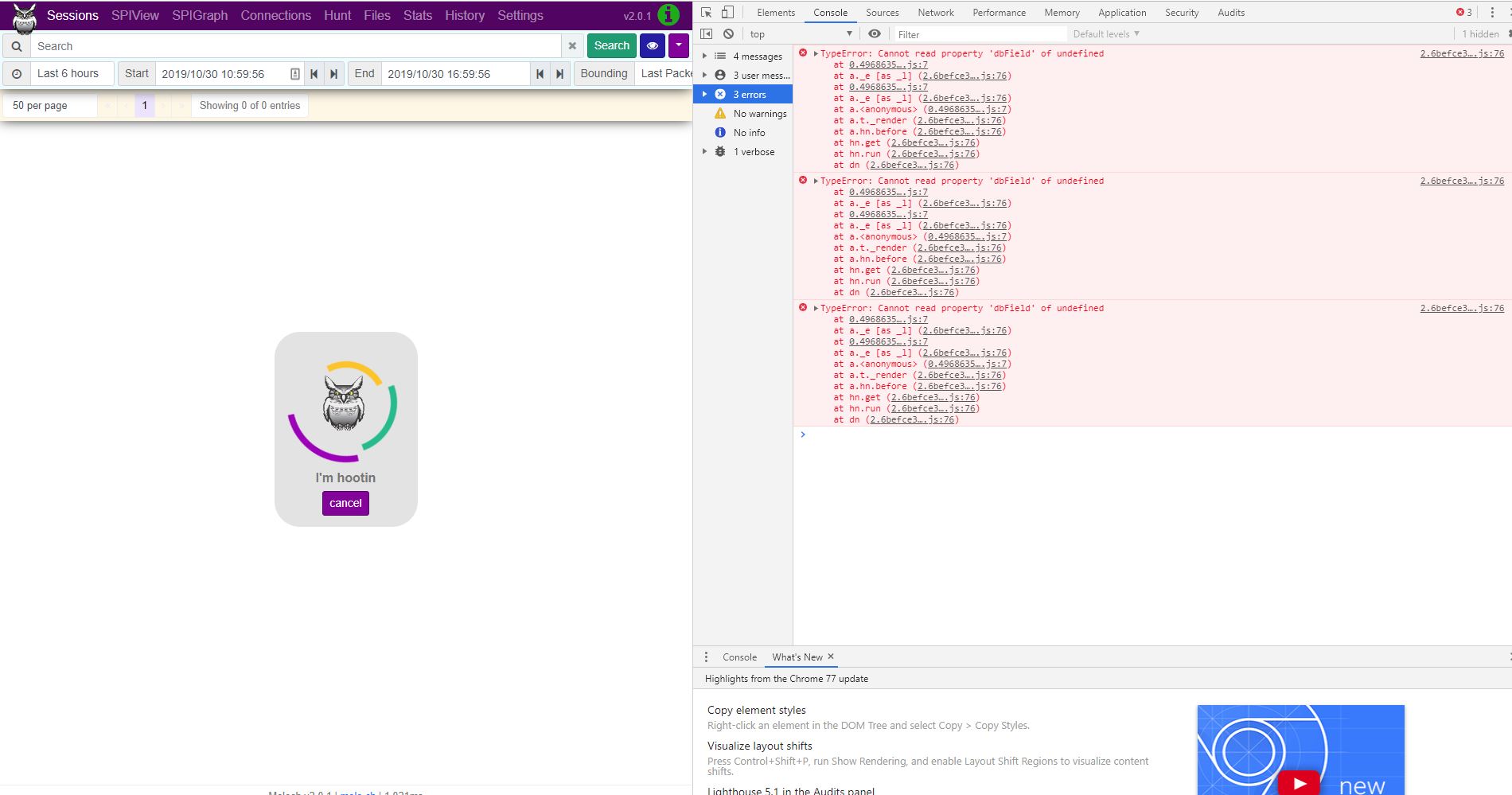 Moloch v2.0.1 sessions tab loading error (stuck at 'hootin') · Issue #1260 · arkime/arkime · GitHub