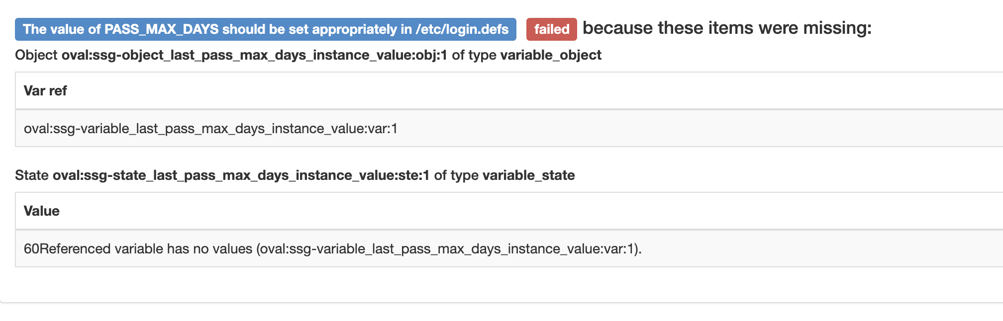 accounts_maximum_age_login_defs errors with "Referenced variable has no values (oval:ssg ...