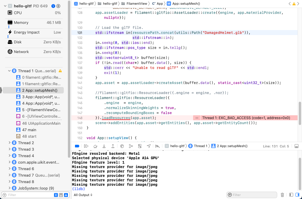 [iOS] hello-gltf example crashes at loadResources. · Issue #6032 · google/filament · GitHub