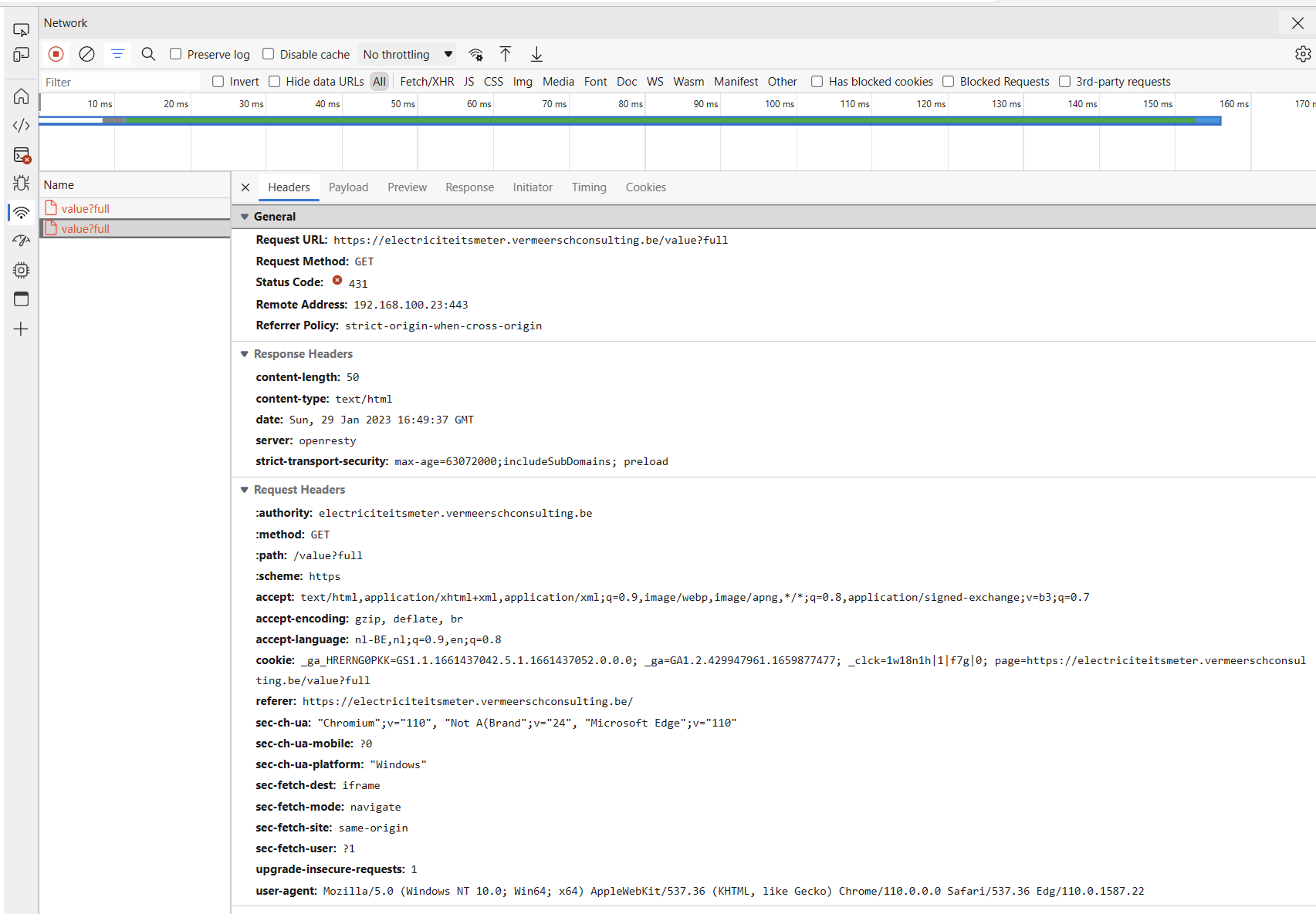 "Header fields are too long for server to interpret" -> Browser sends too much header data ...