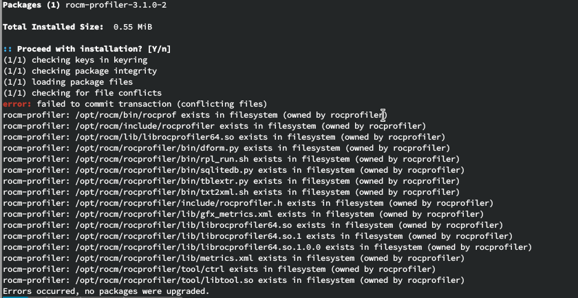 rocprofiler and rocm-profiler install the same or conflicting files ...