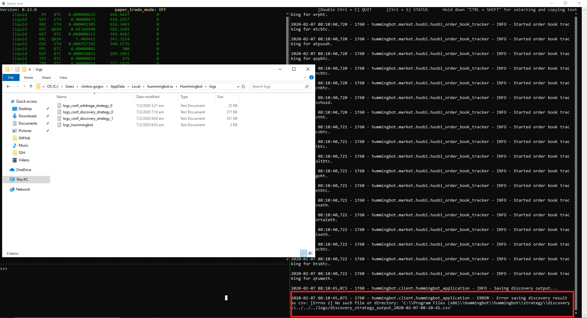 [BUG] Windows Binary - Error saving Discovery result · Issue #1402 · hummingbot/hummingbot · GitHub