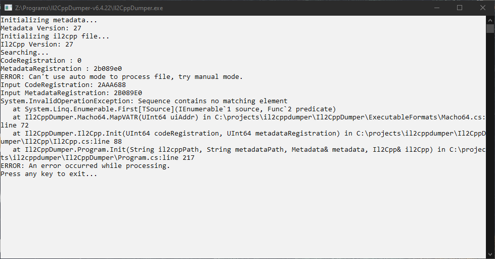 序列不包含任何匹配元素 | v27 · Issue #427 · Perfare/Il2CppDumper · GitHub