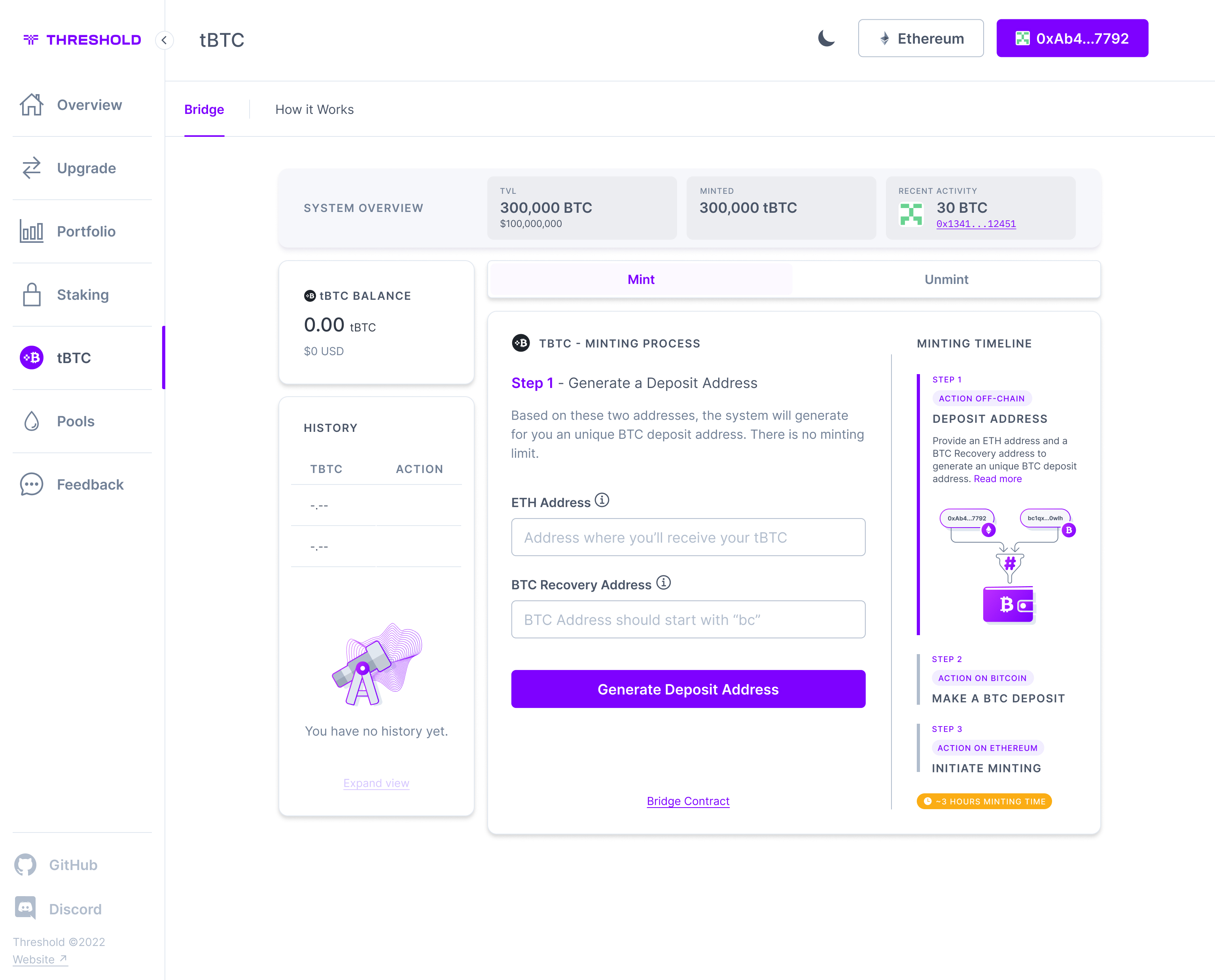 Design: tBTC Protocol History on Overview & Bridge Empty State in dApp ...