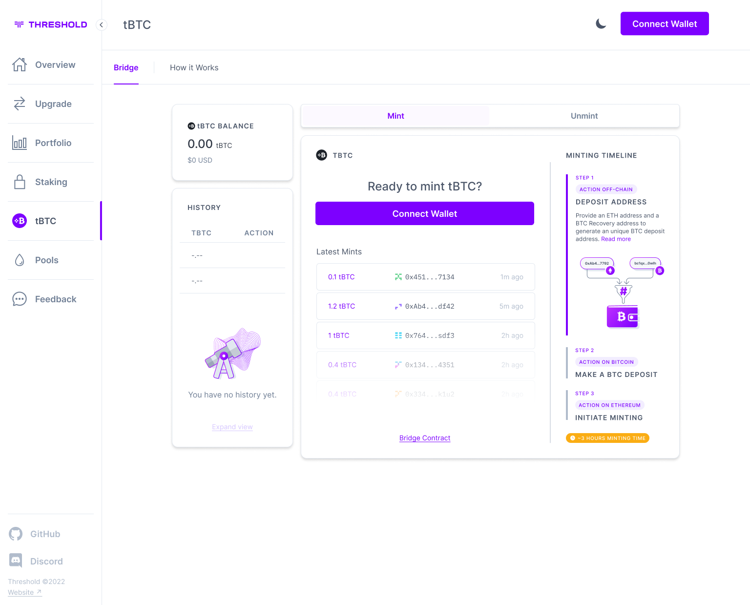 Design: tBTC Protocol History on Overview & Bridge Empty State in dApp · Issue #462 · threshold ...