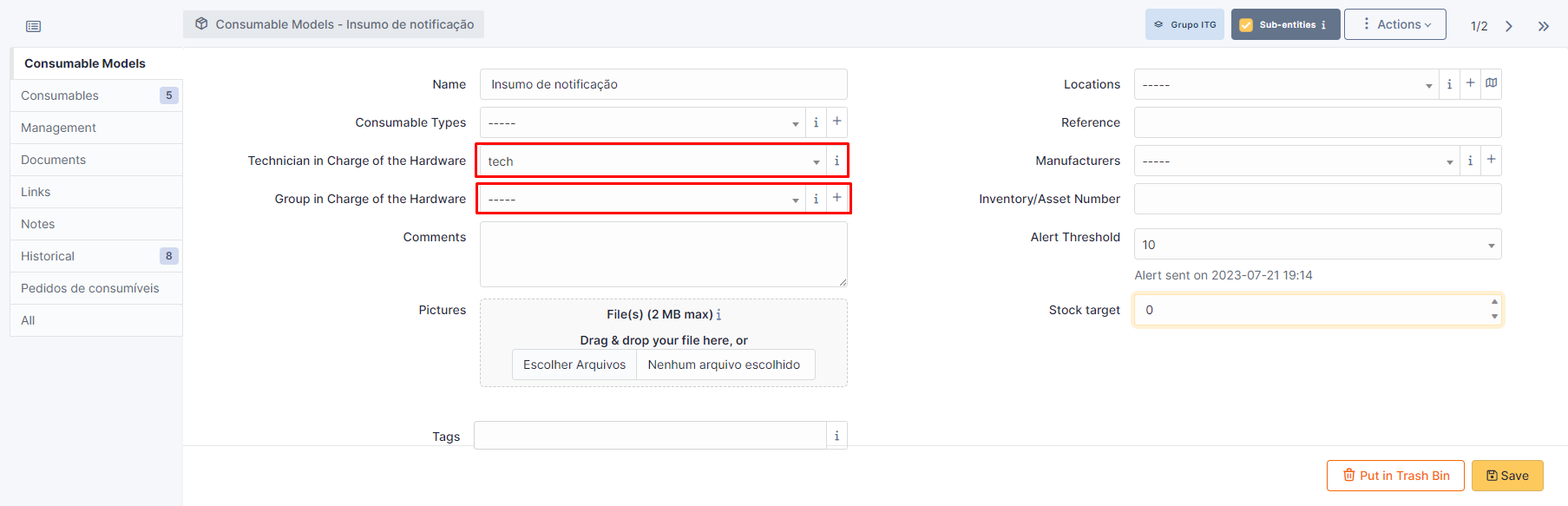 Consumables Alarm - Unable to select Technician/Group in charge of the ...