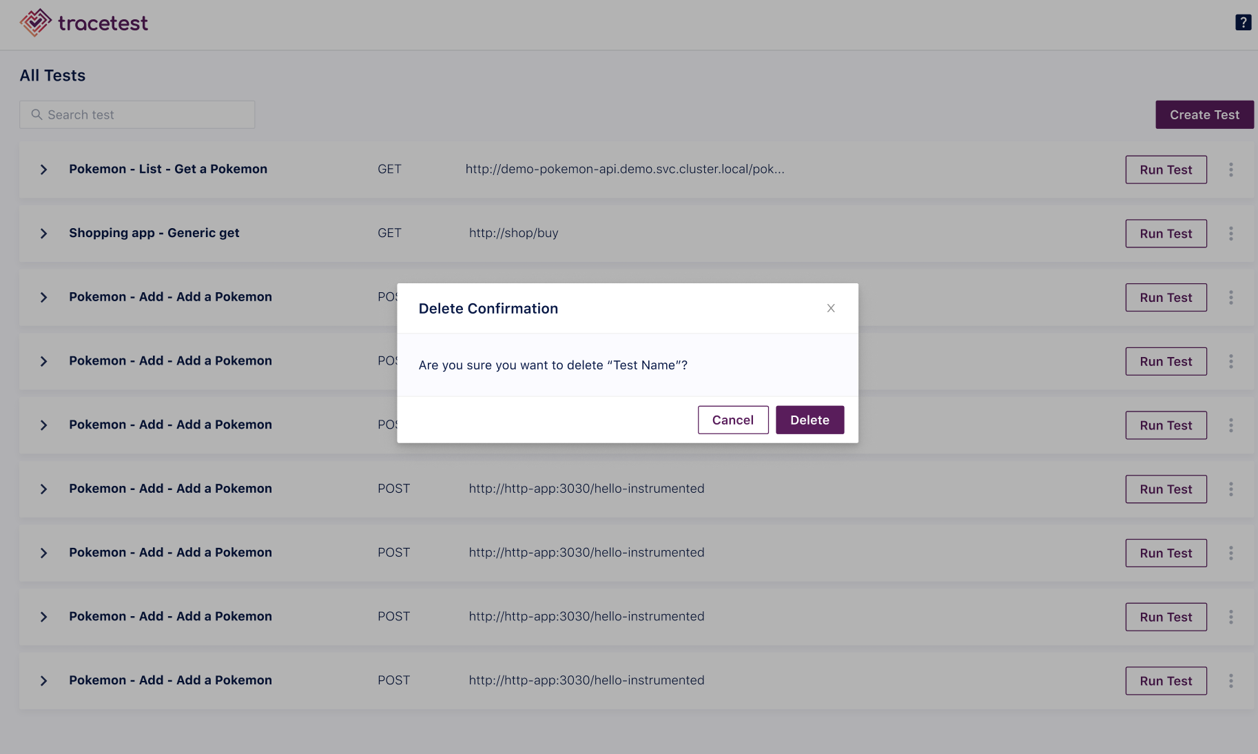 Add Confirmation Popup For Deletions · Issue 1126 · Kubeshop Tracetest · Github