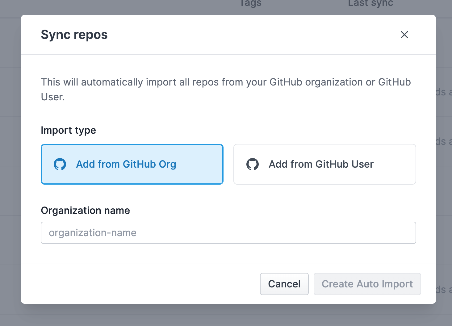 Update text in `Create Repo Auto Import` modal · Issue #210 · mergestat/mergestat · GitHub