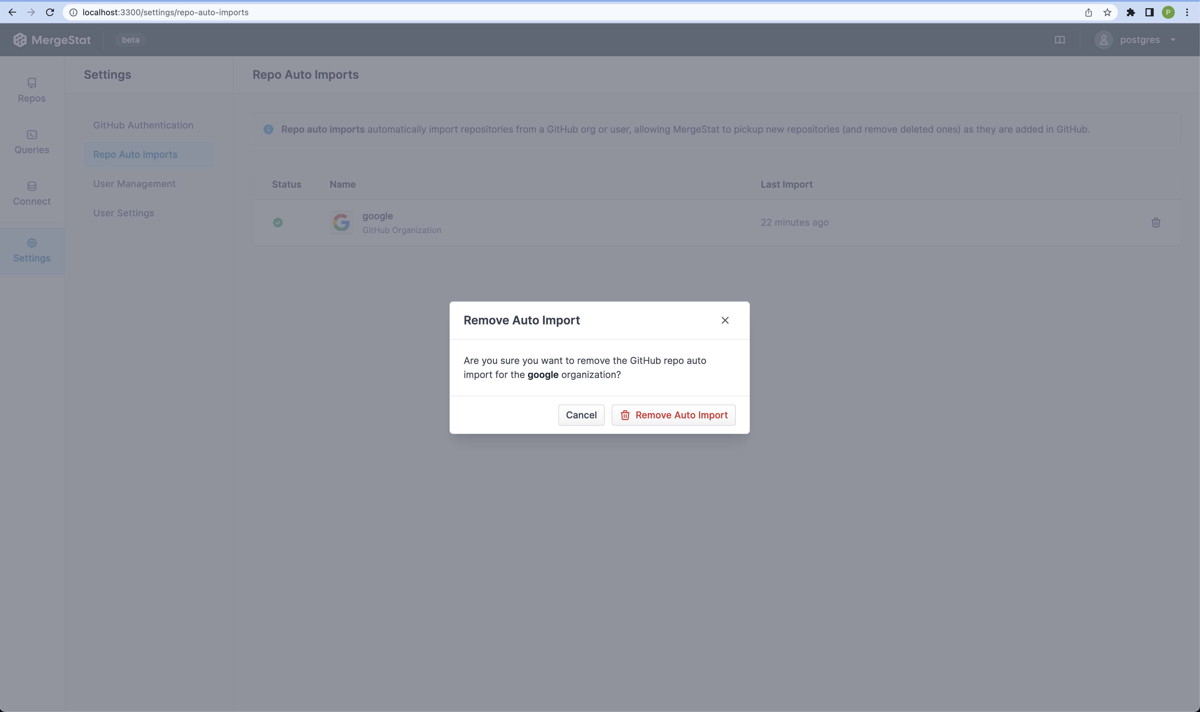 Add Loading State For Removing A Repo Auto Import · Issue 590 · Mergestatmergestat · Github