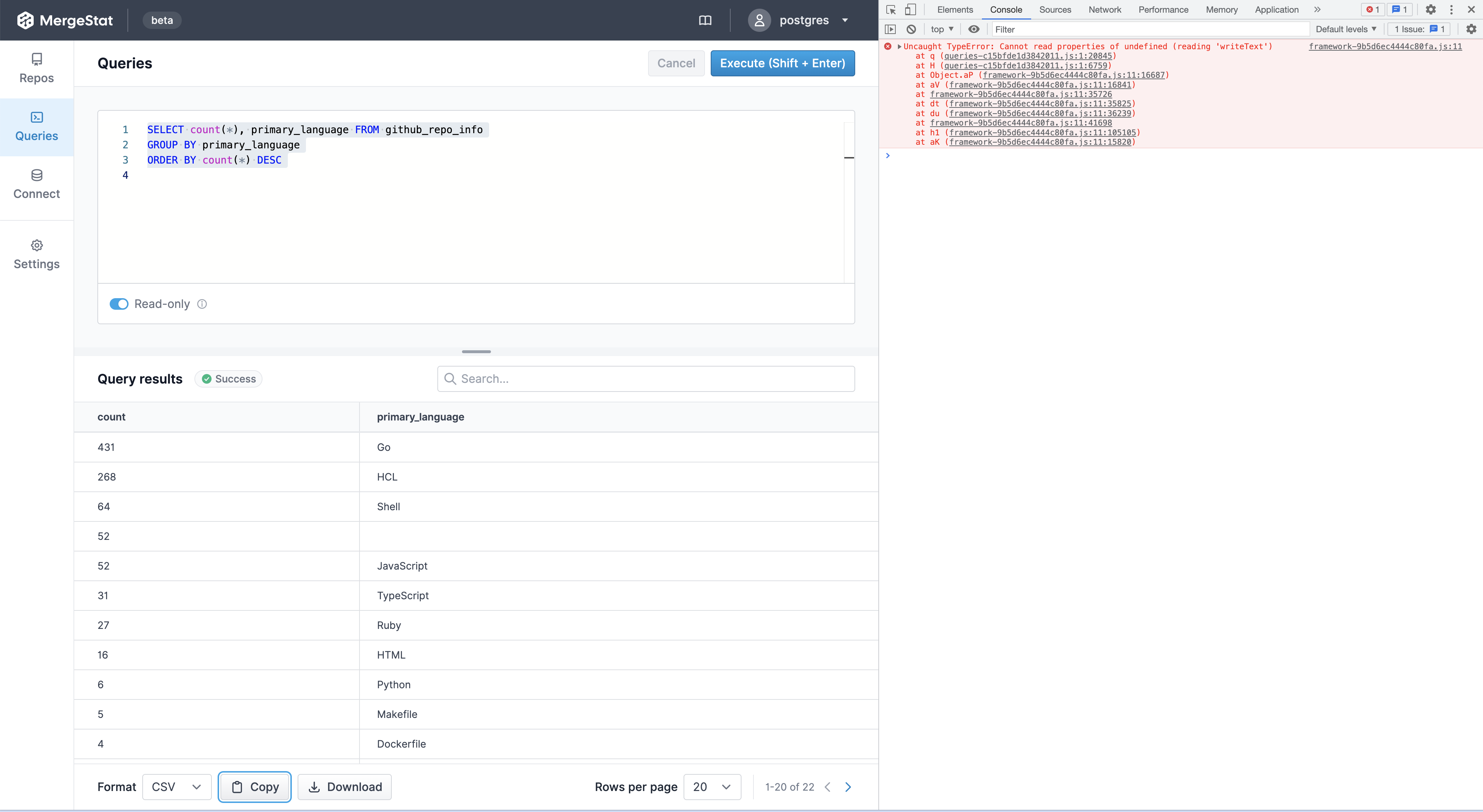 `copy` Button No Longer Works On `queries` Page · Issue 708 · Mergestat Mergestat · Github