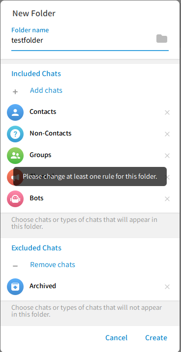 Archived chat can't be add to a folder excluded chats list · Issue #25633 · telegramdesktop ...