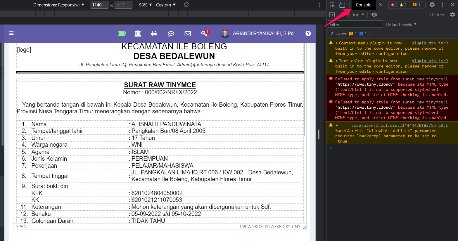 Bug/error: error saat cetak surat TinyMCE khusus desa sidodadi-pringsewu.desa.id · Issue #5570 ...
