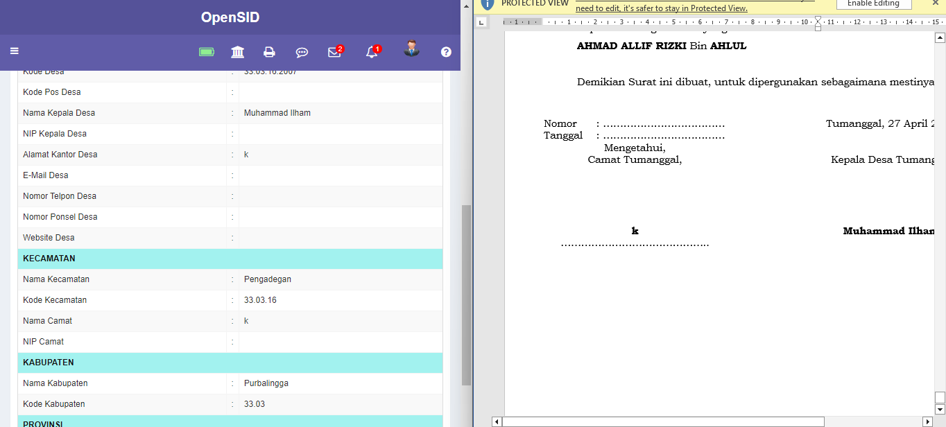 Bug/error: Mohon Koreksi Nama Daerah Camat / Wilayah di Surat Keterangan Untuk Nikah N1 sd N7 ...